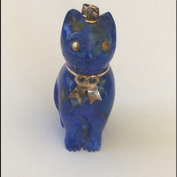 Vintage Artisan | Jewelry | Vintage 4k Gold Lapis Cat Pendant So Cute ...